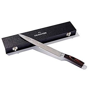 GRANDTIES Damascus Style Slicing Carving Knife - 10 Inch Full Tang High Carbon German Stainless Steel Brisket Kitchen Knives - Long Slicer & Carver - Ergonomic Pakkawood Handle - With Gift Box