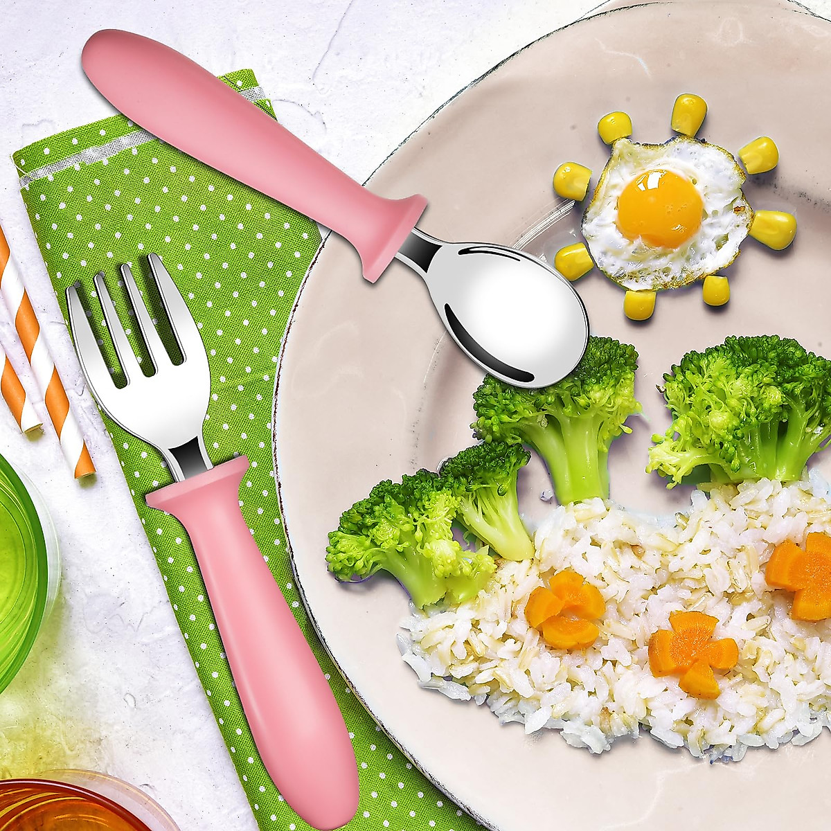 Pimoys 6 Pieces Toddler Utensils,Toddler Forks and Spoons,Kids Silverware Set with Plastic Handle Stainless Steel Toddler Silverware,Dishwasher Safe