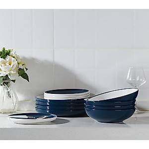 GBHOME 8.75'' Large Pasta Bowls Set of 4, 42oz Stoneware Deep Salad Pasta Bowls for Kitchen, Chip-resistant Bowls Set for Salad Pasta Meal, Microwave and Dishwasher Safe, White-Cobalt