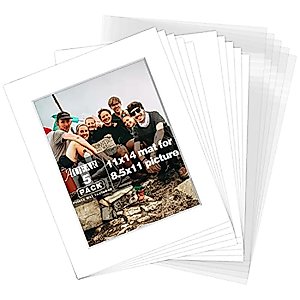 AUEAR, 5 Pack White 11X14 Bevel Cut White Core Picture Mat for 8.5X11 Photo/Print/Artworks - 5 Pre-Cut Acid Free Picture Frame Mat + 5 Backing Board + 5 Clear Bag
