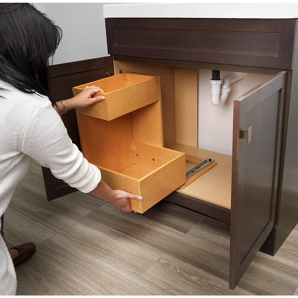 Homewerks RIPVANSHELF2 Slide Out Storage Cabinet Under Sink Organizer, 19 Inch 2 Tier, Dark Brown