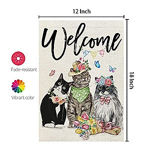 CROWNED BEAUTY Spring Cats Garden Flag Floral 12x18 Inch Double Sided for Outside Welcome Burlap Small Yard Holiday Decoration CF755-12