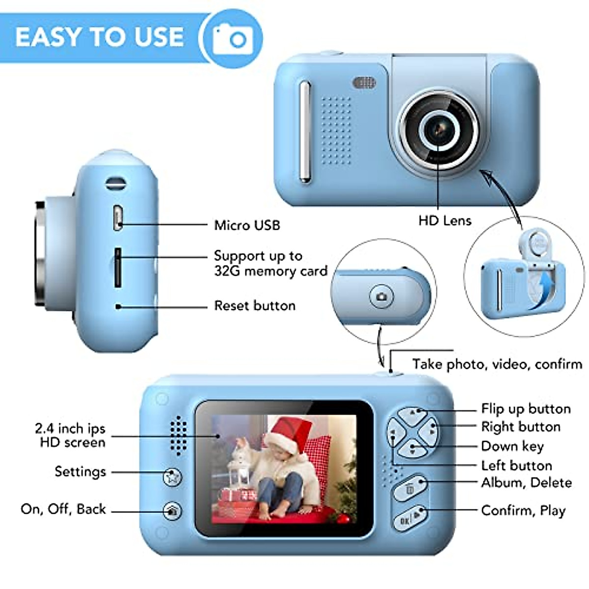 Kids Camera, 2.4Inch IPS HD Screen 180 Degree Front Back Flip Camera Design, Photo Video Game MP3 Function, Digital Camera for Kids Ages 3 to 9