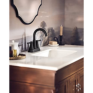 Moen 84022BL Ronan Two-Handle 4" Centerset Modern Bathroom Faucet with Push-Down Drain, 1, Matte Black