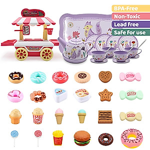 44PCS Tea Set for Little Girls, Kids Pretend Toys Playset, Teapot Dishes Dessert Mini Ice Cream Cart & Carrying Case, Princess Tea Time Kitchen Pretend Play Toys Gift for Toddlers Girls Age 3-8