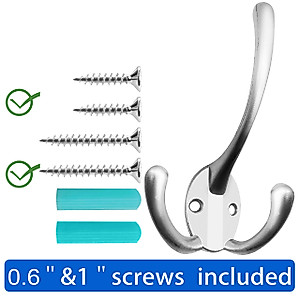 IBosins 6 Pack Big Heavy Duty Three Prongs Coat Hooks Wall Mounted with 24 Screws (Two Types of Screws Included) Retro Double Utility Rustic Hooks for Thick Coat, Big Heavy Bags (Matte Nickel)