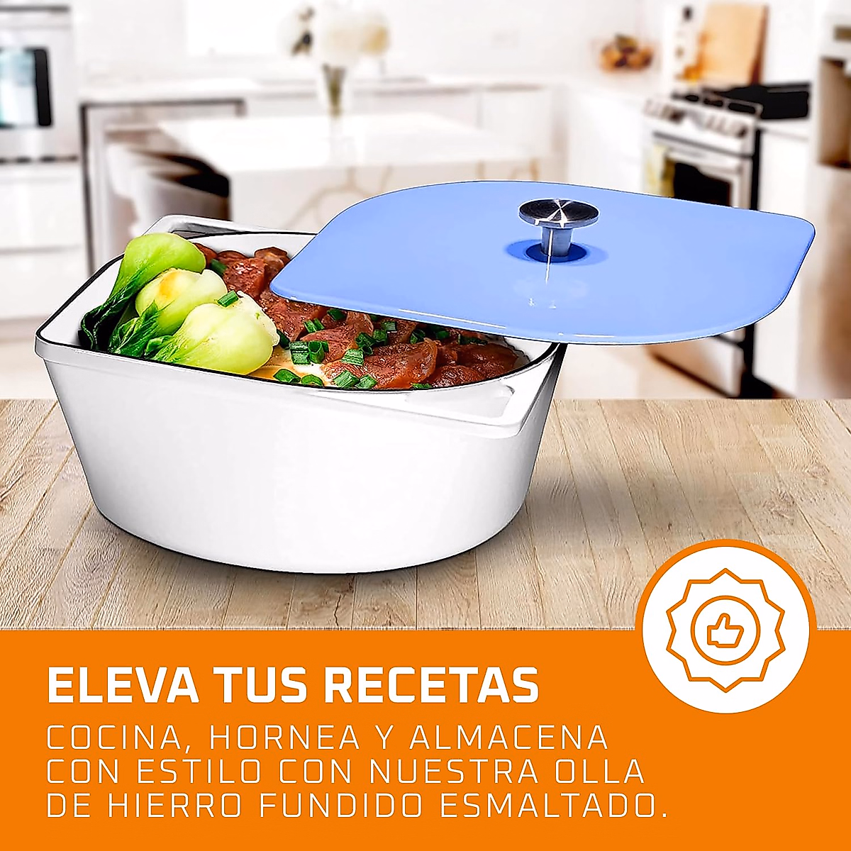 Bruntmor 3 Quart Cast Iron Enameled Dutch Oven - Modern Squoval Design - Nonstick Seasoned Pot with Stainless Steel Knob - Ideal for Dinner - White with Blue Lid