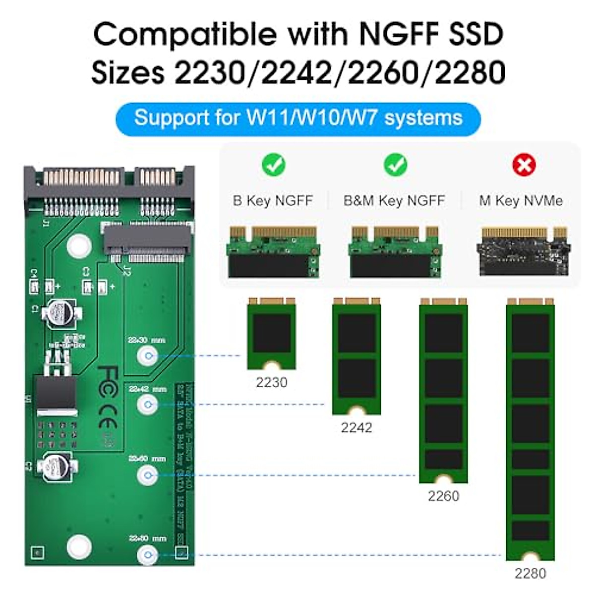 ELUTENG M.2 NGFF to SATA Adapter Card B Key/B & M Key SSD Converter NGFF M2 to 2.5 Inch SATA III Drivers for NGFF M.2 2280 2260 2242 2230 SSD (Not for M.2 NVME)