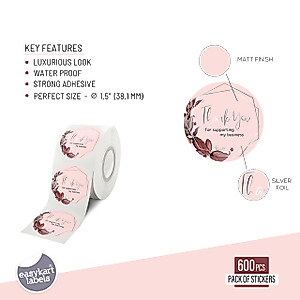 easykart labels 600 Business Thank You Stickers in roll | Baby Pink Flower Bunch Design with Silver Foil | Highly Recommended for Small Business Owners