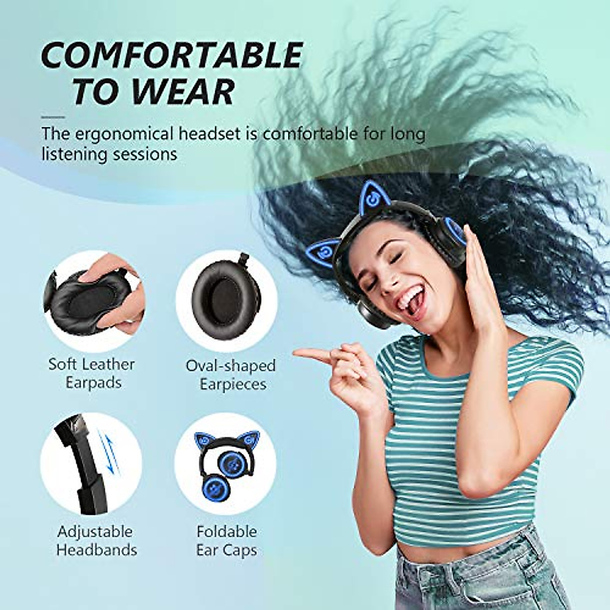 Mindkoo Wireless Headphones Bluetooth, Cat Ear Over Ear Headphones, LED Light Up 7 Color Blinking, Safe Foldable Headset Stero, with Microphone, for Kids Adults