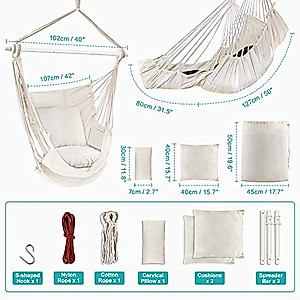 Outerman Hammock Chair, Hanging Chair with 3 Cushions and Foot Rest Support, Durable Metal Spreader Bar Max 500 Lbs, Swing Chair for Bedroom, Indoor & Outdoor, Patio, Porch or Tree（White）