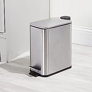 mDesign Slim Metal Rectangle 1.3 Gallon/5 Liter Trash Can with Step Pedal, Easy-Close Lid, Removable Liner - Narrow Wastebasket Garbage Container Bin for Bathroom, Bedroom - Brushed Stainless Steel