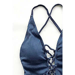 CUPSHE Women's Solid Color V Neck Lace Up One Piece Swimsuit, Blue, XL