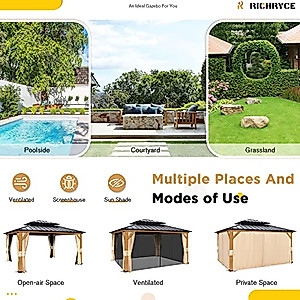 RICHRYCE 13' x 15' Solid Wood Gazebo, Hardtop Gazebo Plastic Sprayed Metal Roof Outdoor Gazebo Canopy Double Vented Roof Pergolas Wood Frame with Netting and Curtains for Garden, Patio, Lawns