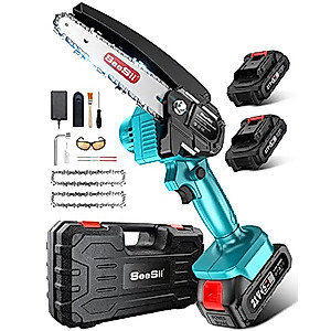 Mini Chainsaw 6-inch Mini Chainsaw Cordless 𝟭𝟮 Pc Tool Set, Seesii Battery Chainsaw with 2x Big Batteries, 2.62lbs Handheld Electric Power Chain Saw with Safety Lock for Tree Trimming Wood Cutting
