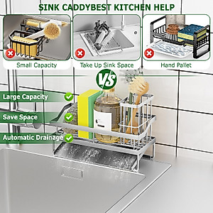 Youfala Kitchen Sink Caddy Sponge Holder for Kitchen Sink, Kitchen Sink Organzier and Storage with High Brush Holder, Rustproof 304 Stainless Kitchen Gadgets Dish Sponge Organizer (Lacquer Silver)
