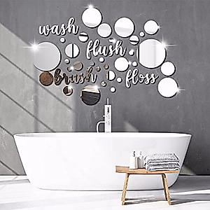30 Pieces Bathroom Wall Decals Wash Flush Brush Floss Stickers 3D Round Mirrors Wall Art Decal Self Adhesive DIY Acrylic Mirror Decor Beautiful Art Words Decor for Home Bedroom Living Room (Silver)