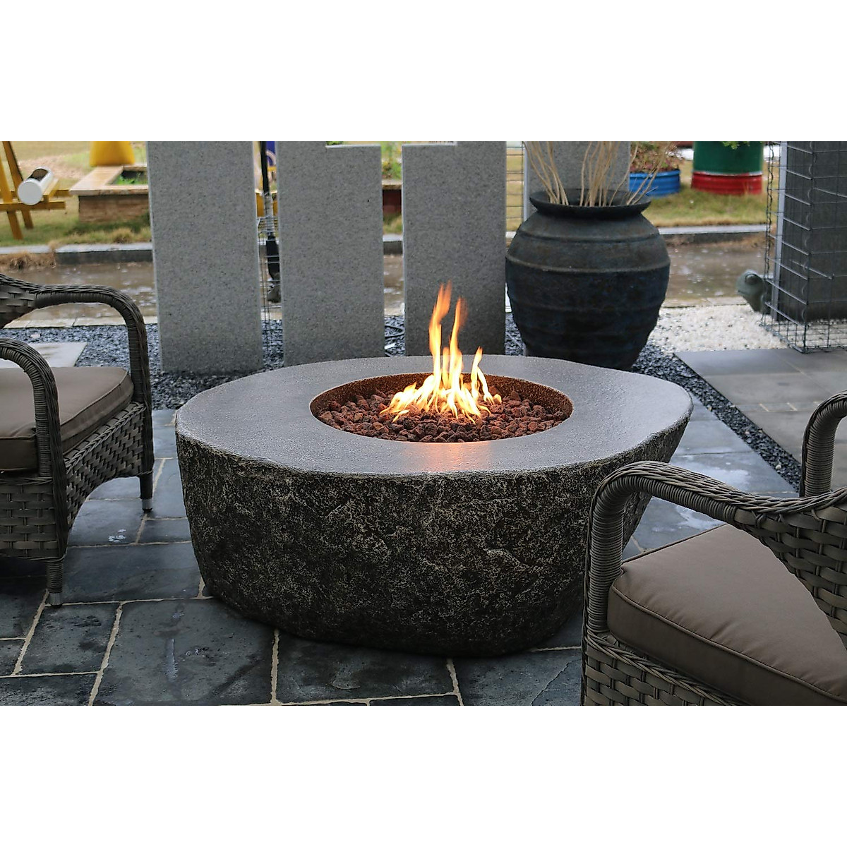 Elementi Outdoor Fiery Rock Fire Pit Table 50 x 42 Inches Grey Durable Glass Reinforced Concrete Square Fireplace Includes Burner Lava Rock Canvas Cover - Natural Gas