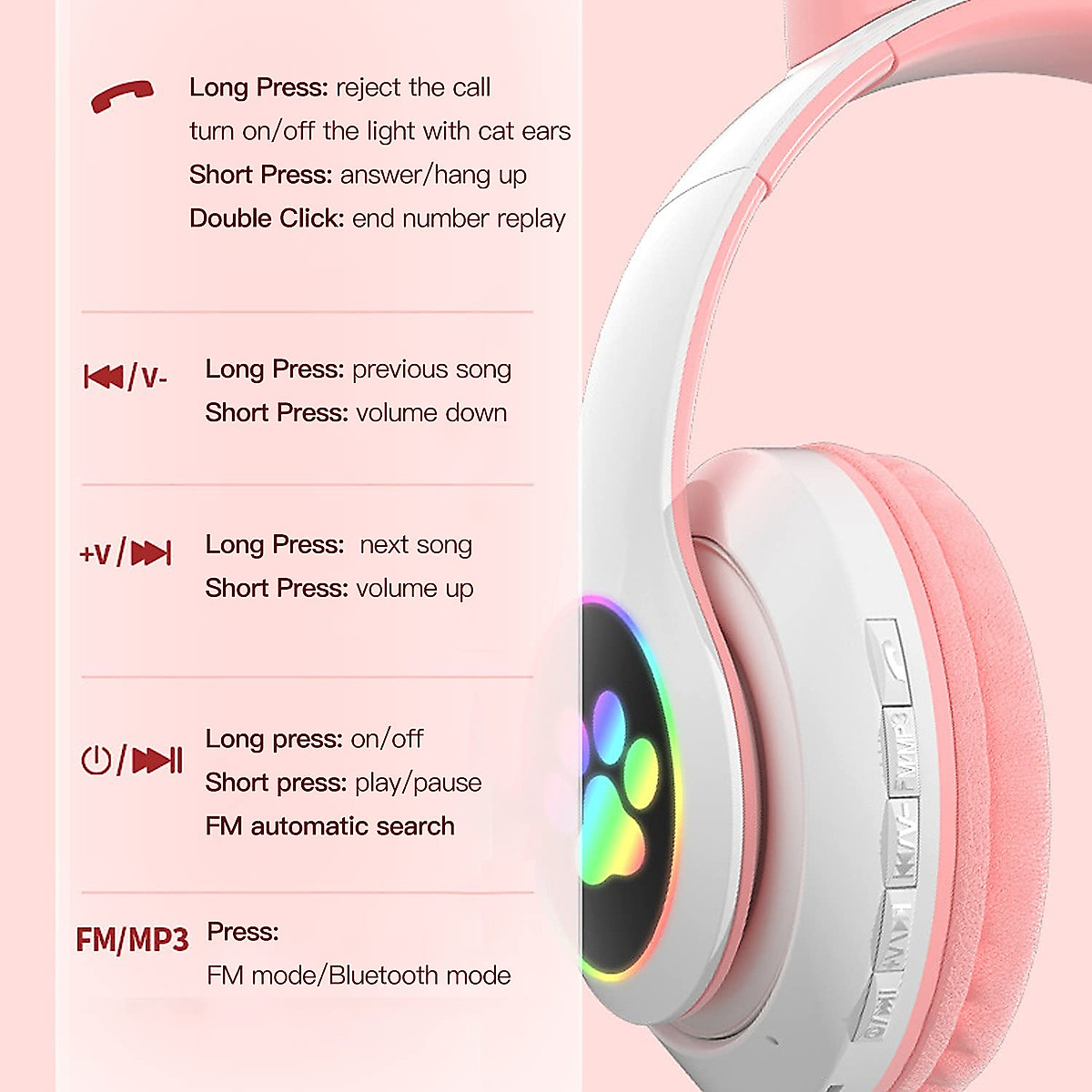KERHAND Bluetooth Headphones for Kids, Cute Ear Cat Ear LED Light Up Foldable Headphones Stereo Over Ear with Microphone/TF Card Wireless Headphone for iPhone/iPad/Smartphone/Laptop/PC/TV (PIink)