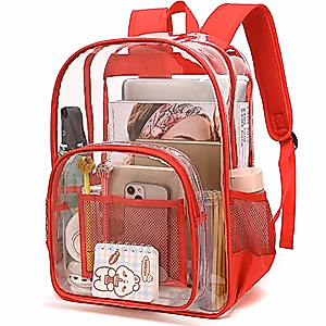 Dezcrab Clear Backpack School Backpack Bookbag for Girls Boys Women Men, Heavy Duty See Through Transparent Backpacks (Red)