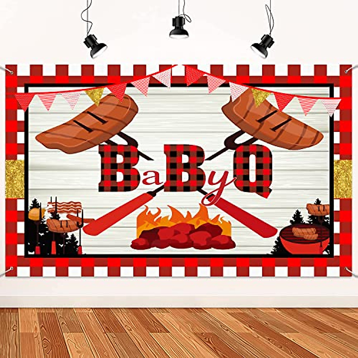 SHANSHUIART BBQ Theme Party Backdrop banner Wooden Board White and Red Lattice Background Barbecue Baby Shower Party Decorations Supplies