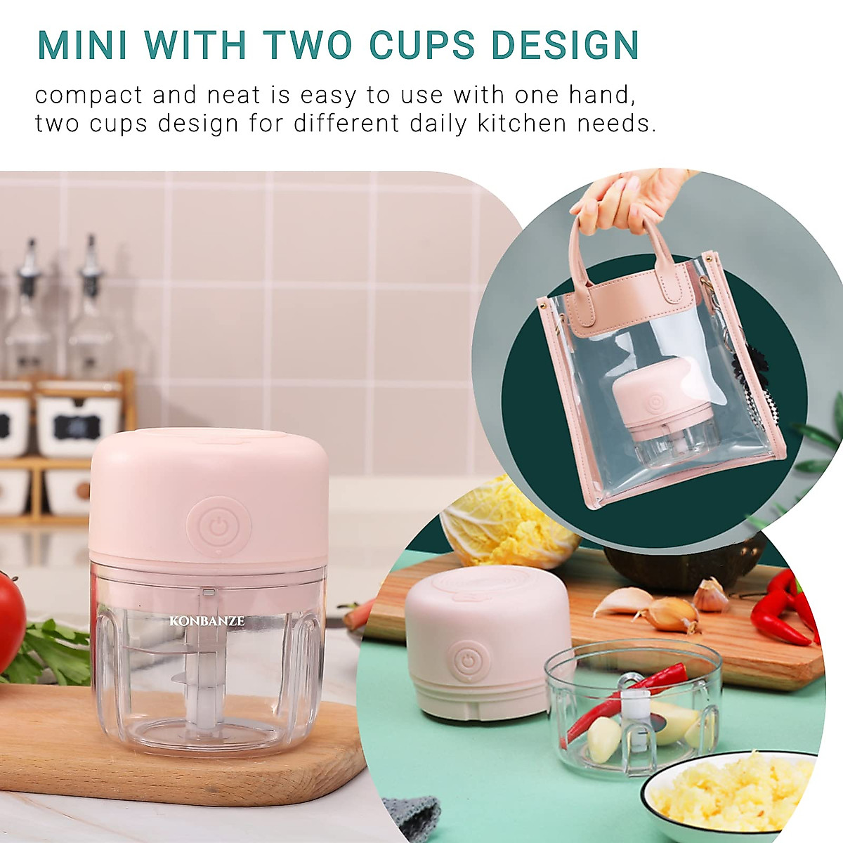 KONBANZE 2-CUP Electric Portable Mini Garlic Onion Chopper Crusher Small Food Processor Mini Food Processor Masher USB Charging Food Vegetable Cutter Kitchen Gadgets (PINK)