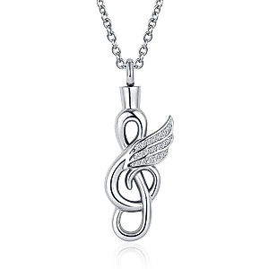 MZC Jewelry Music Note Urn Necklace for Ashes Angel Wing Crystal Women Men Cremation Keepsake Pendant Ashes Holder Memorial for Dad Mom Grandma Grandpa (Stainless Steel)