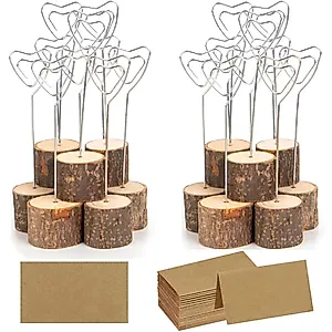 20 Pcs Wood Place Card Holders and 30 Pcs Kraft Place Cards, Rustic Wooden Table Number Holder Stand Photo Picture Note Clip Holders for Wedding Party Name Sign - Heart Shape