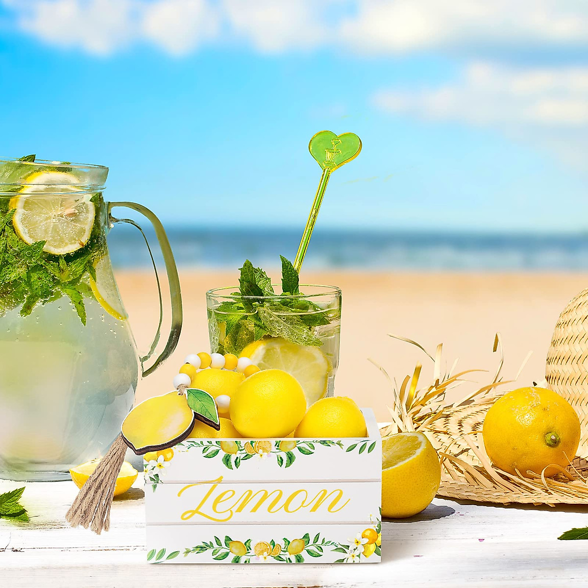 Qunclay Lemon Mini Crate Summer Tiered Tray Decor with 8 Faux Lemons with Wood Bead Tassel Farmhouse Lemonade Kitchen Decorations Summertime Wood Crate for Party Decor