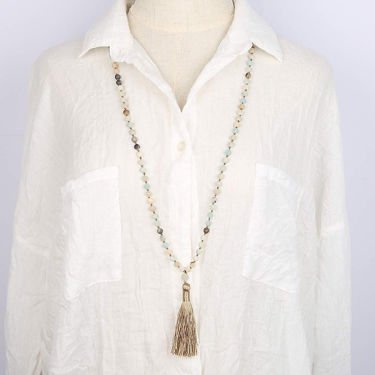 OAIITE 6MM Mala Beads Necklace Natural Tiger Eyes Stone Meditation Statement Necklace Japa Yoga Rosary Prayer Charm Beaded Tassel Necklace