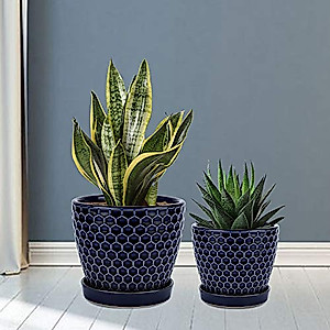 Docrin Indoor Plant Pots- 6.6 and 5.5 Inch,Ceramic Pots for Plants with Drainage Holes and Saucer for Succulent, Flower and Plant, Gardening Decoration Gift,Indoor ，Set of 2, Blue，Honeycomb