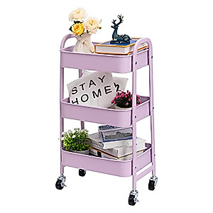 AGTEK Makeup Cart, Movable Rolling Organizer Cart, 3 Tier Metal Utility Cart with Lockable Wheels for Home & Office, Purple
