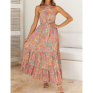 ZESICA Women's 2025 Summer Crossover Halter Neck Sleeveless Plaid Cut Out Backless Flowy A Line Maxi Dress,GreyGreen,Medium