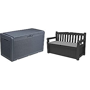 YITAHOME 100 Gallon Large Resin Deck Box Outdoor Storage with Cushion & Keter Solana 70 Gallon Storage Bench Deck Box for Patio Furniture, Front Porch Decor and Outdoor Seating