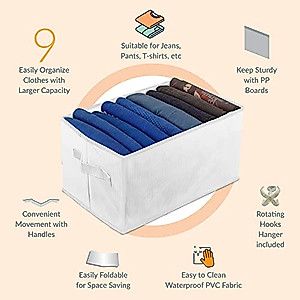 Large Sturdy Wardrobe Clothes Organizer – 17 x 11 x 8.6-inch Clothes Organizer for Folded Clothes – 2-Pcs Foldable Wardrobe Boxes with 9 Slots Each – Pants Organizers with Rotating Hooks Hanger