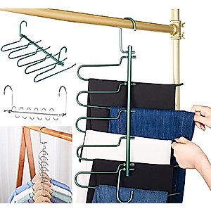 Pack of 2 Pants Hangers, 5 Layers Space Saving Jeans Hangers Detachable Clothes Trousers Hangers for Slacks Scarf Jeans + 2 Space Saving Magic Hangers - Closet Wardrobe Clothes Organizers