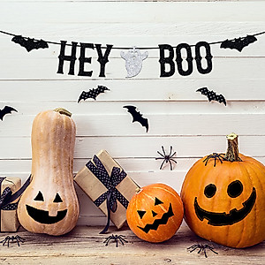 Black Glitter Hey&Boo Banner - Halloween Party Bunting Garlands - Haunted House Decorating, Indoor Outdoor Decorations