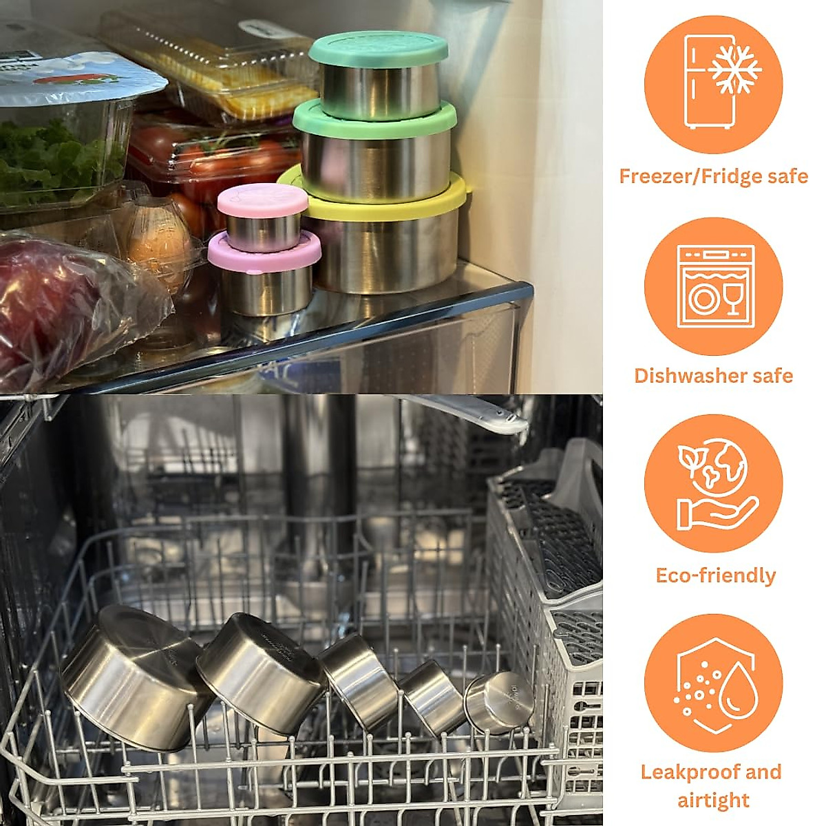 304 Stainless Steel Lunch Box Containers for Kids with Lunch Bag, Leakproof Stainless Steel Round Food Storage Containers with Silicone Lids, Metal and Nesting Snack Containers, Set of 5 sizes, kF033