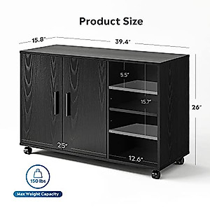 DEVAISE Rolling File Cabinet, Wood Storage Cabinet with Dual Doors, Large Printer Stand on Lockable Wheels for Home Office, Black