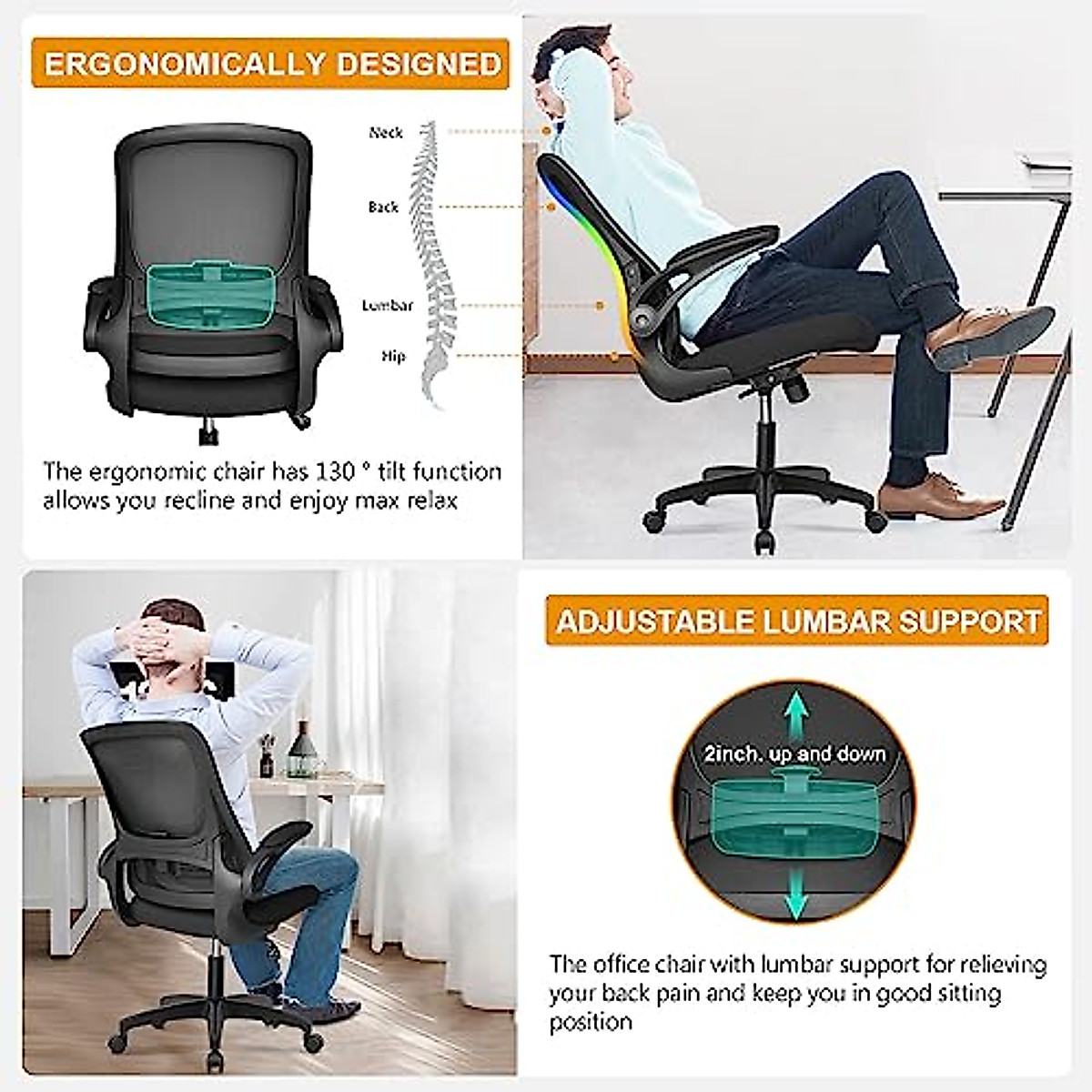 QY Ergonomic Office Chairs Mesh Office Chair Adjustable Armrest Lumbar Support Lift Swivel Tilt Function Comfortable Mesh Computer Chair with Height Adjustment Swivel Executive Task Chair