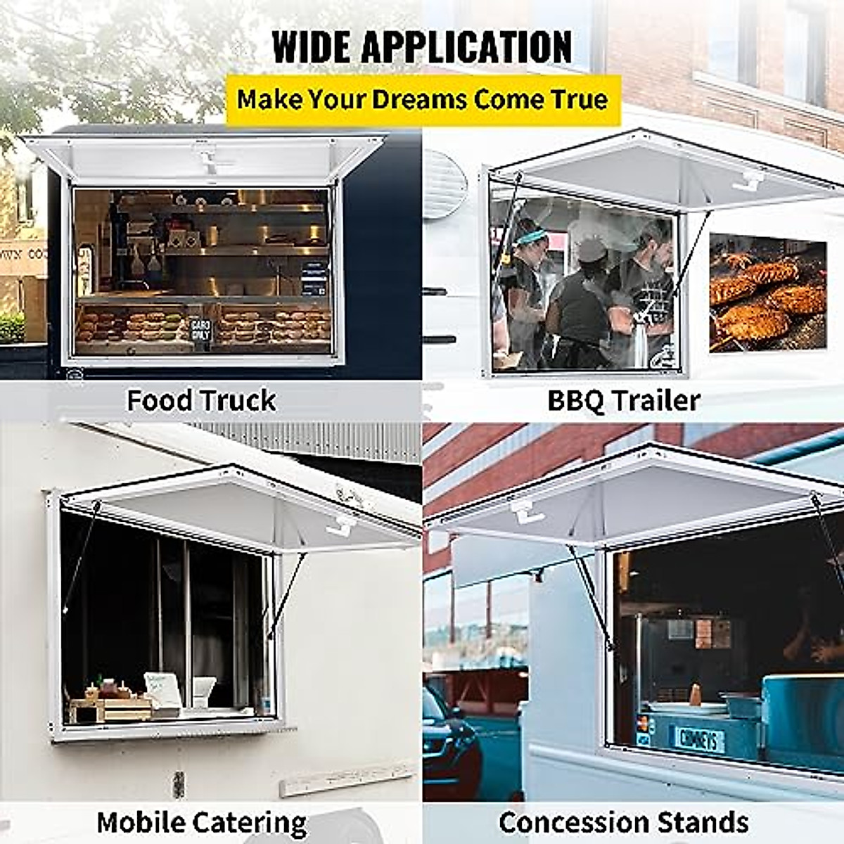 VEVOR Concession Window 64 x 40 Inch, Concession Stand Serving Window Door with Double-Point Fork Lock, Concession Awning Door Up to 85 Degrees for Food Trucks, Glass Not Included
