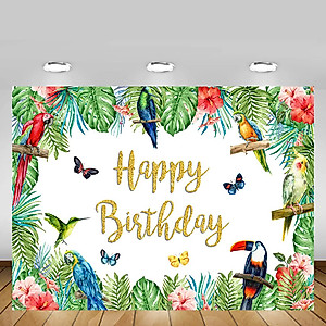 MEHOFOND 7x5ft Tropical Bird Birthday Backdrop Summer Toucan Palm Leaves Gold Glitter Happy Birthday Banner Photography Background Parrot Hummingbird Luau Decoration Photobooth Props