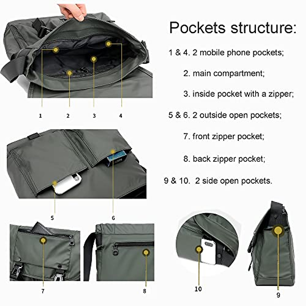 Messenger Bag for Men, Classic Water-Resistant Crossbody Shoulder Bag Medium Size Military Green