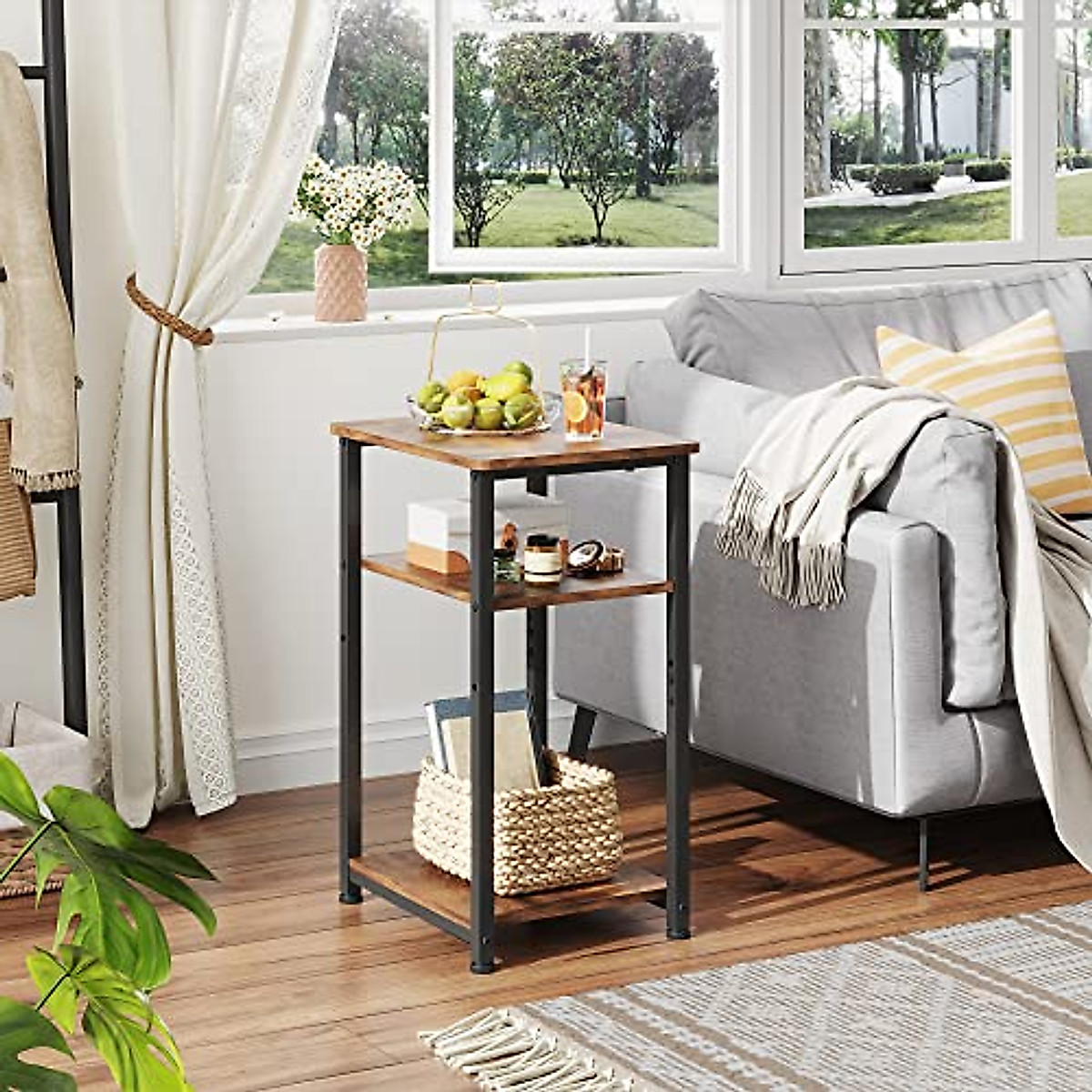 WLIVE Side Table, Small End Table, Adjustable 3-Tier Bedside Table with Sturdy Metal Frame, Tall Nightstand for Bedroom, Living Room, Sofa Table for Small Space (Rustic Brown, 1 Pack)