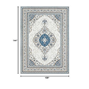Area Rug Living Room Rugs: 9x12 Machine Washable Rug Soft Low Pile Area Rug with Non-Slip Backing, Medallion Floor Carpet for Bedroom Dining Room Nursery Home Office-Blue/Cream
