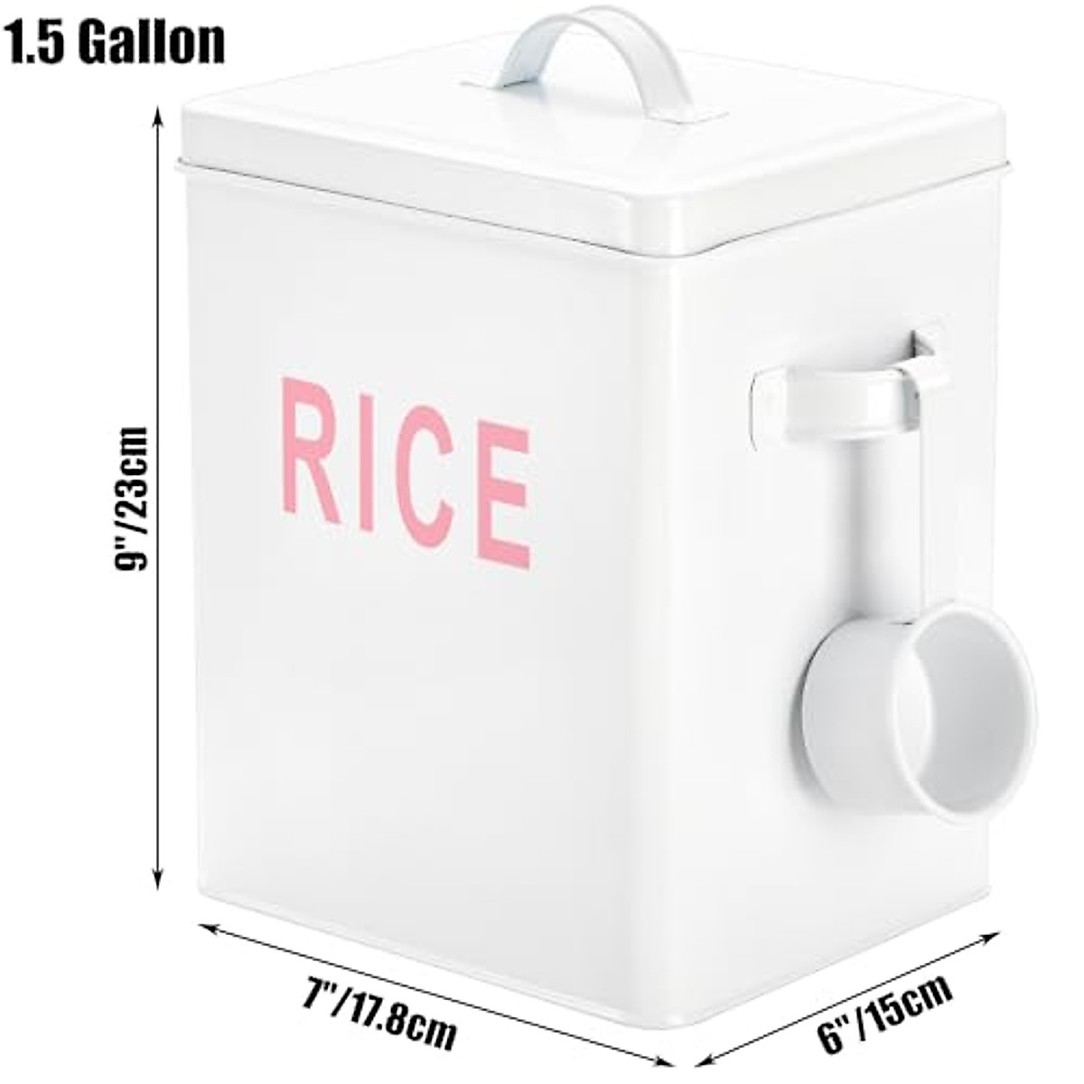 Youeon 10 Lbs Metal Rice Storage Container, Square Rice Canister with Lid and Measuring Scoop, Countertop Sealed Food Storage Container for Cereal, Beans, Pet Food, White