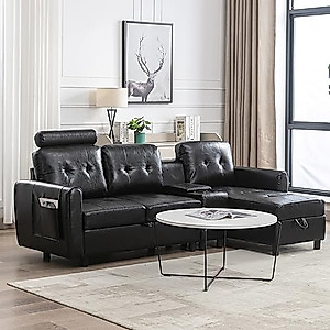 88.98" PU Leather Modular Sectional Sofa with Storage & Cup Holder, Convertible L Shaped Sofa Couch with Chaise, Modern Tufted Convertible Sleeper Sofa Set for Living Room,Black