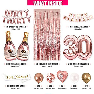PartyForever Rose Gold Dirty 30 Balloon Birthday Decorations for Her Dirty Thirty 30th BDay Supplies for Women