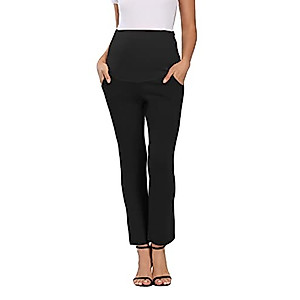 Foucome Women's Maternity Work Pants Over The Belly Bootcut Dress Pants Stretch Pregnancy Slacks (Black, L)