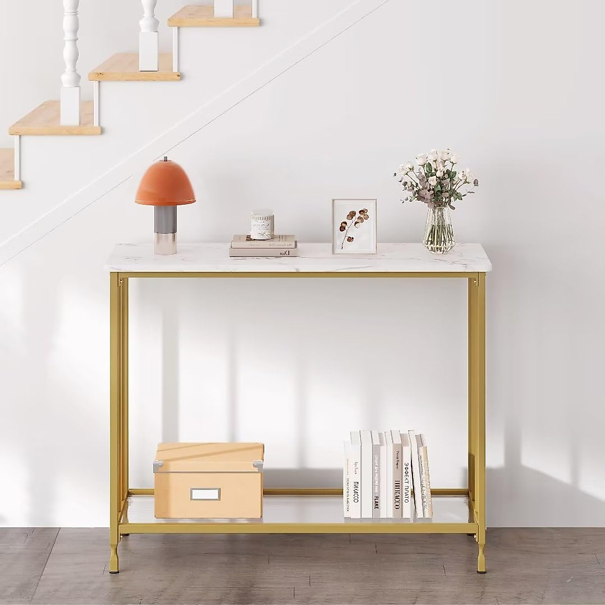 IHEX Console Table, Narrow Entryway Table with Glass Shelf and Metal Frame, 33.5" Industrial Hallway Table for Living Room Bedroom Foyer, Gold